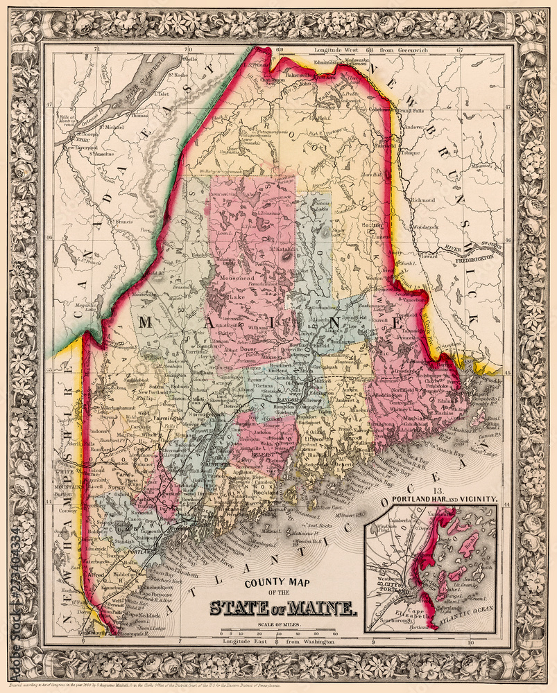 Map of Maine showing counties and Portland Harbor detail, first ...
