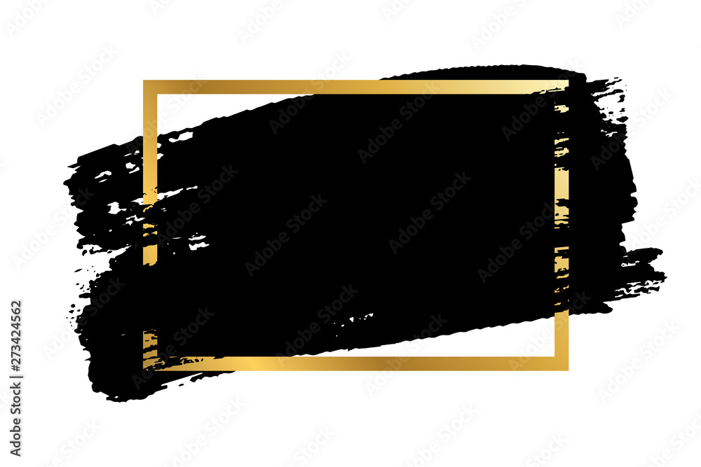 Brush stroke, gold text box, isolated white background. Black paint ...