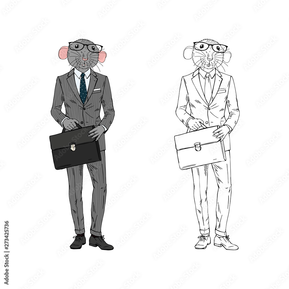 Humanized rat man hipster dressed up in classy office suite and glasses ...