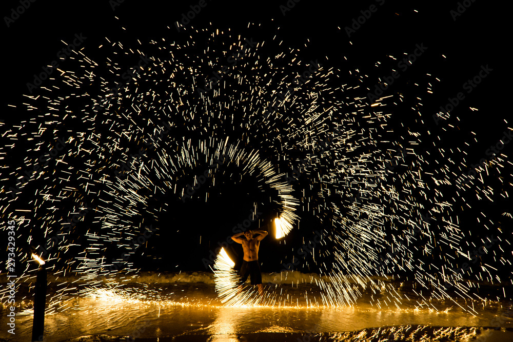 THAILAND - APRIL 08, 2019: Beautiful Fire Show in night on the Beach ...