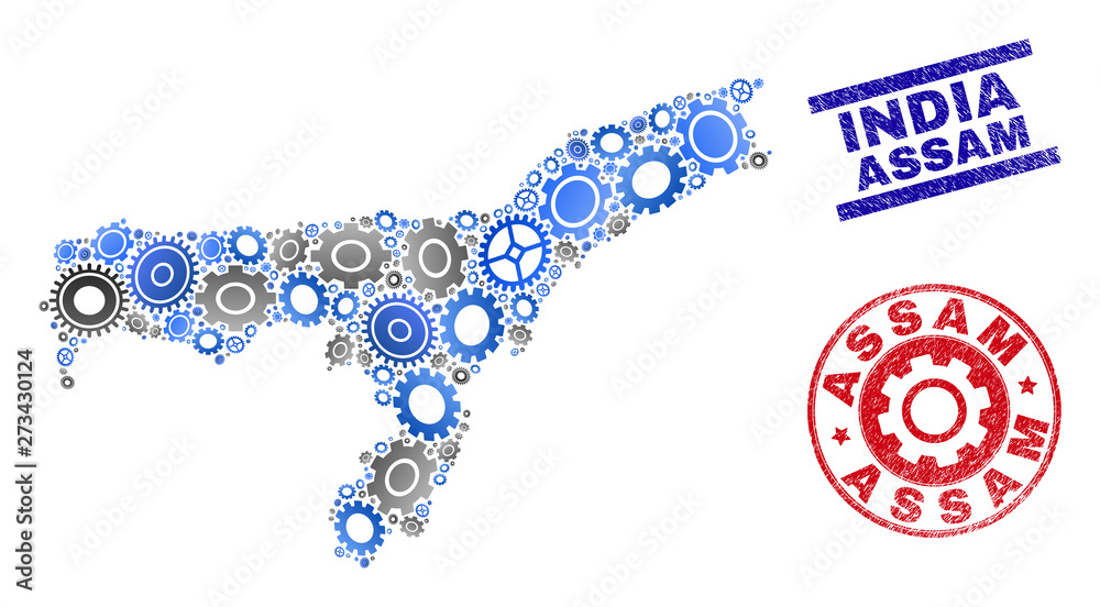 Repair workshop vector Assam State map mosaic and stamps. Abstract ...
