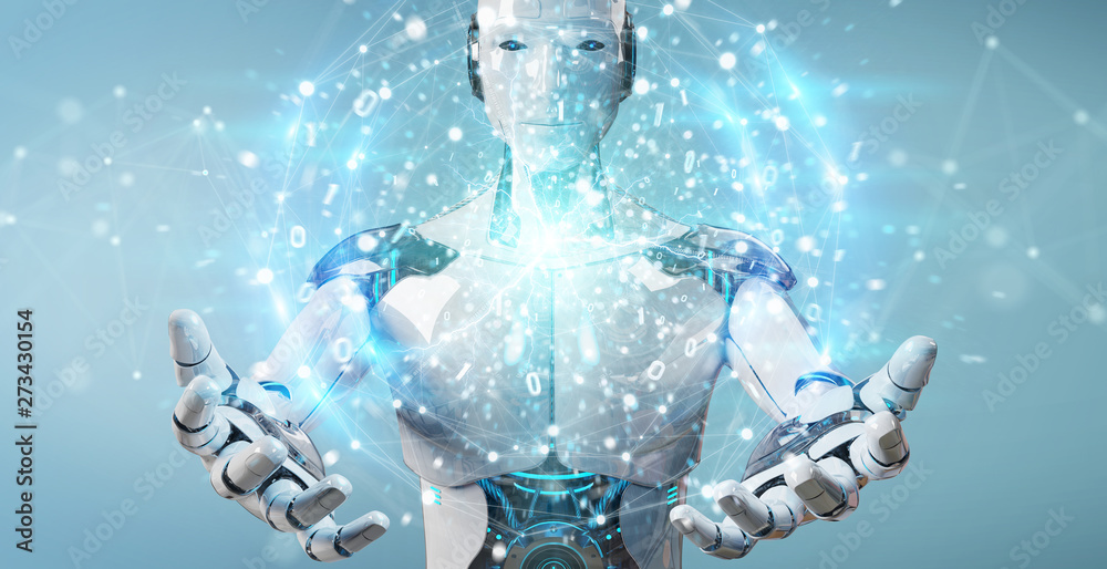 White robot creating renewable and sustainable eco energy with ...