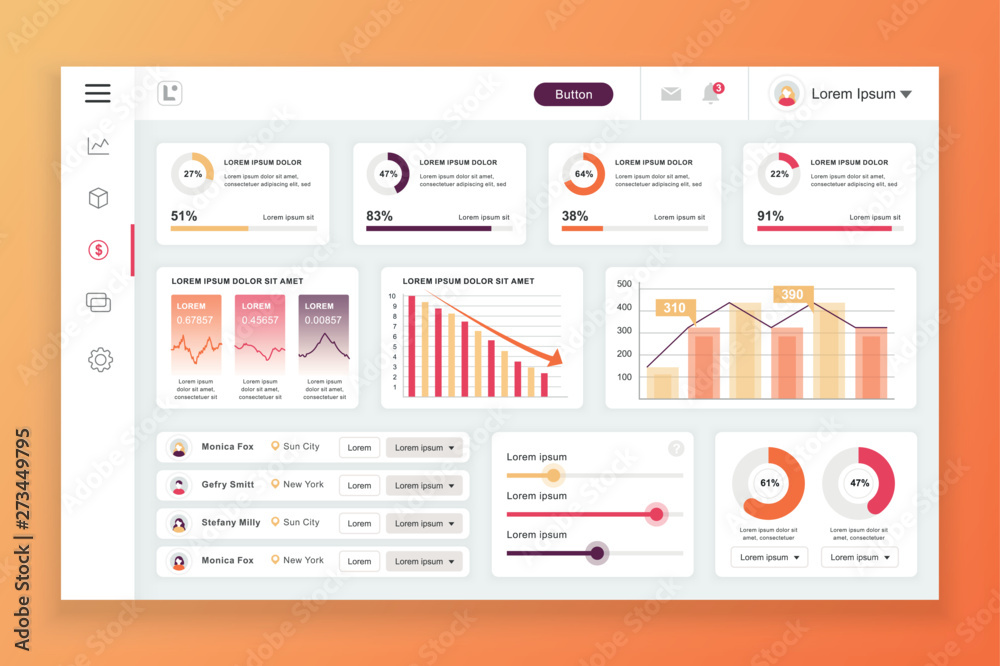 Dashboard admin panel vector design template with infographic elements ...