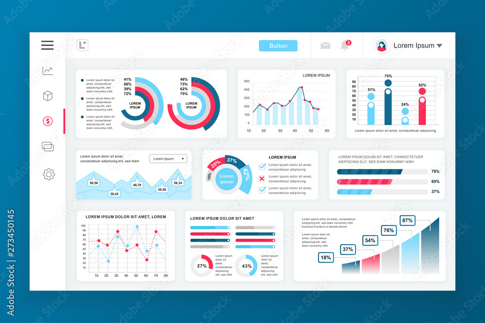 Dashboard admin panel vector design template with infographic elements ...