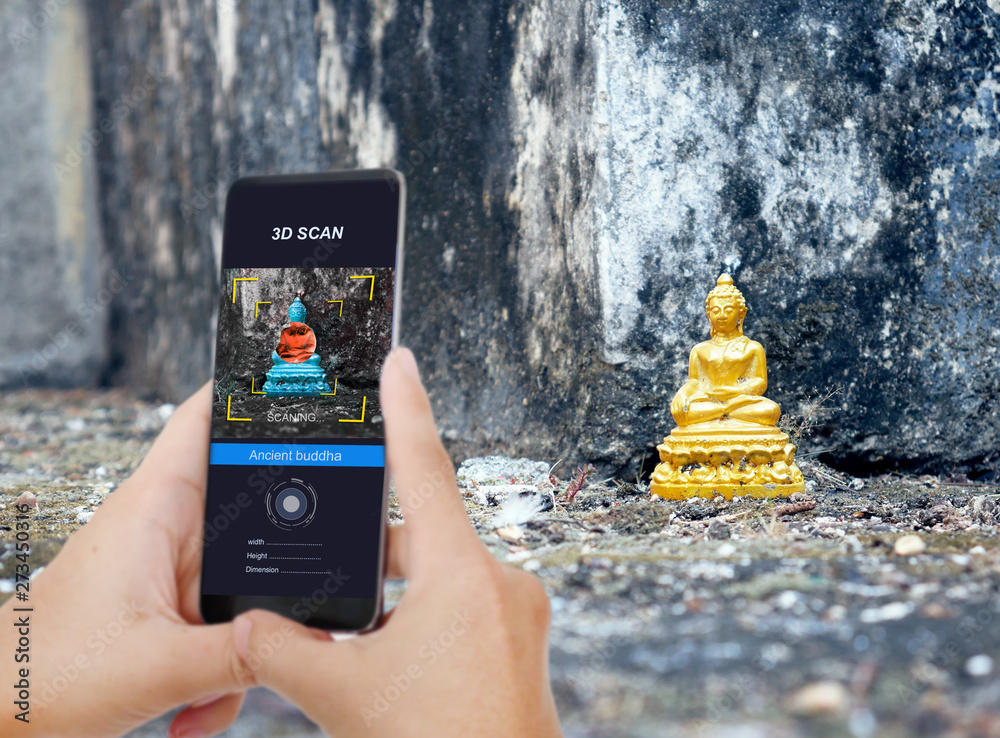 Futuristic 3D scanner analysis by Ai. Man using smartphone scanning ...