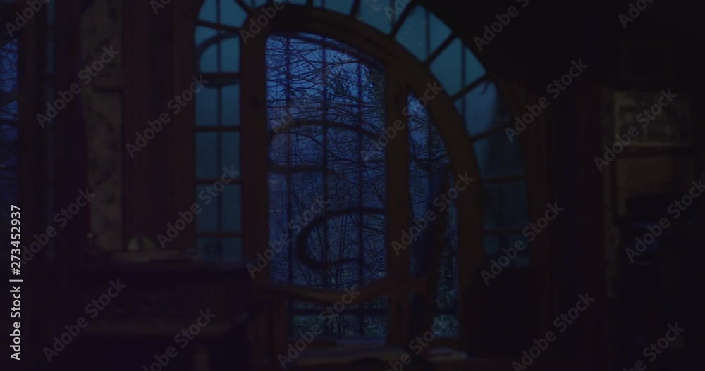 Old creepy window of a scary haunted house overlooking a haunted forest ...