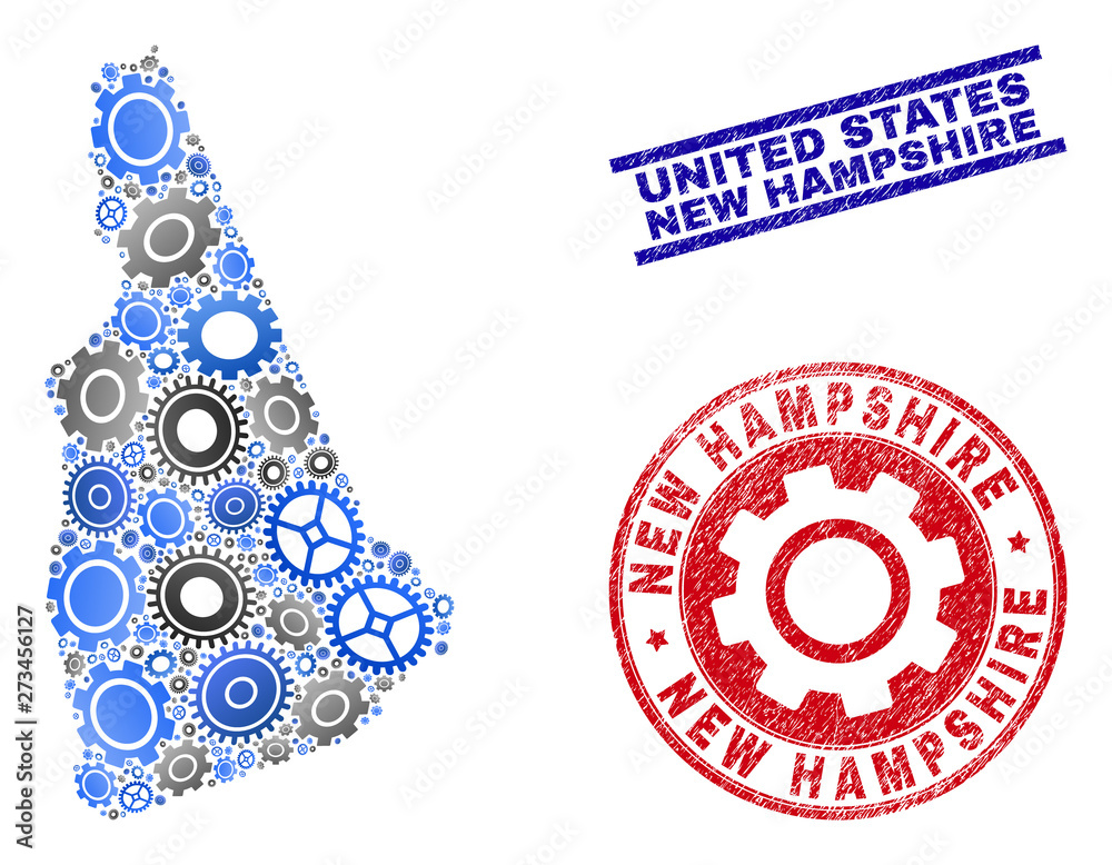 Industrial vector New Hampshire State map composition and seals ...