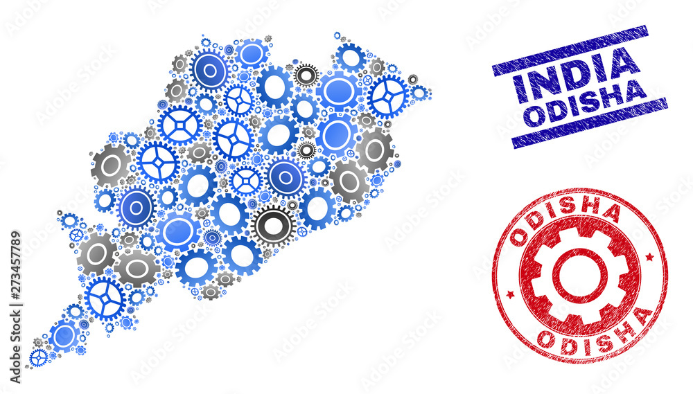 Repair workshop vector Odisha State map collage and stamps. Abstract ...