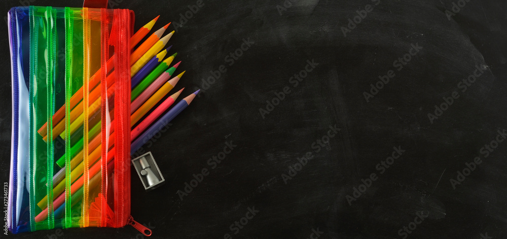 Back to school banner. Rainbow pencil case with school supplies for ...