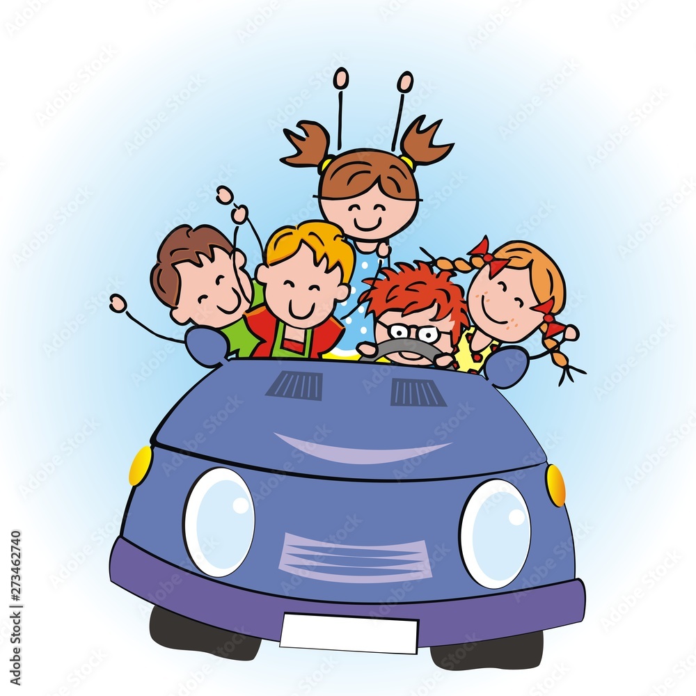 Happy kids at blue car, vector humorous illustration, blue background ...