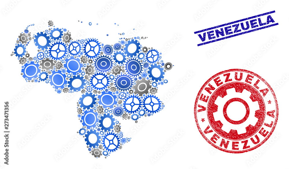 Mechanics vector Venezuela map composition and seals. Abstract ...