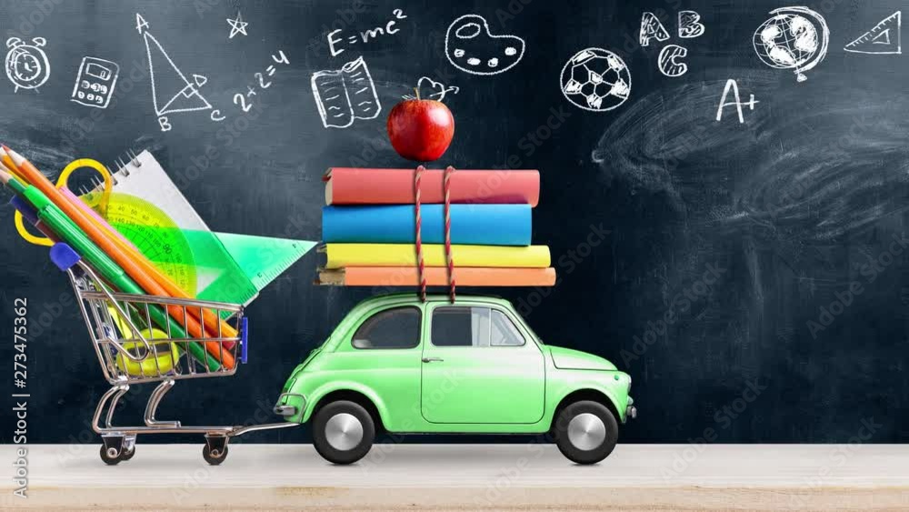 Back to school. Car delivering books and apple against school ...