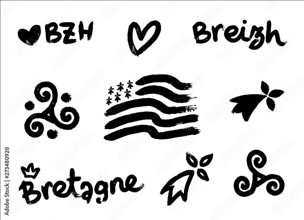 Poster Set of vector breton hand-drawn symbols in grunge style: Gwen-ha ...