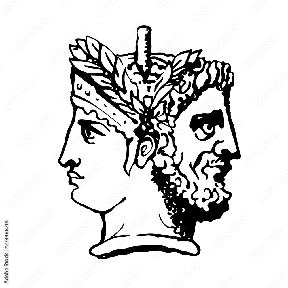 Two-faced Janus. Woman and man heads in profile, connected by the nape ...