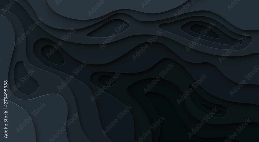 Abstract paper cut black background. Topographic map dark relief ...