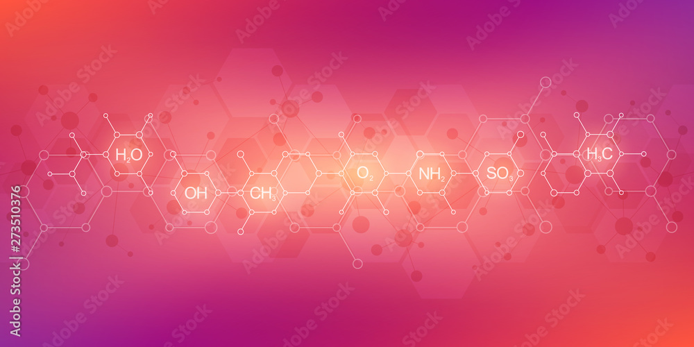 Abstract chemistry pattern on purple background with chemical formulas ...