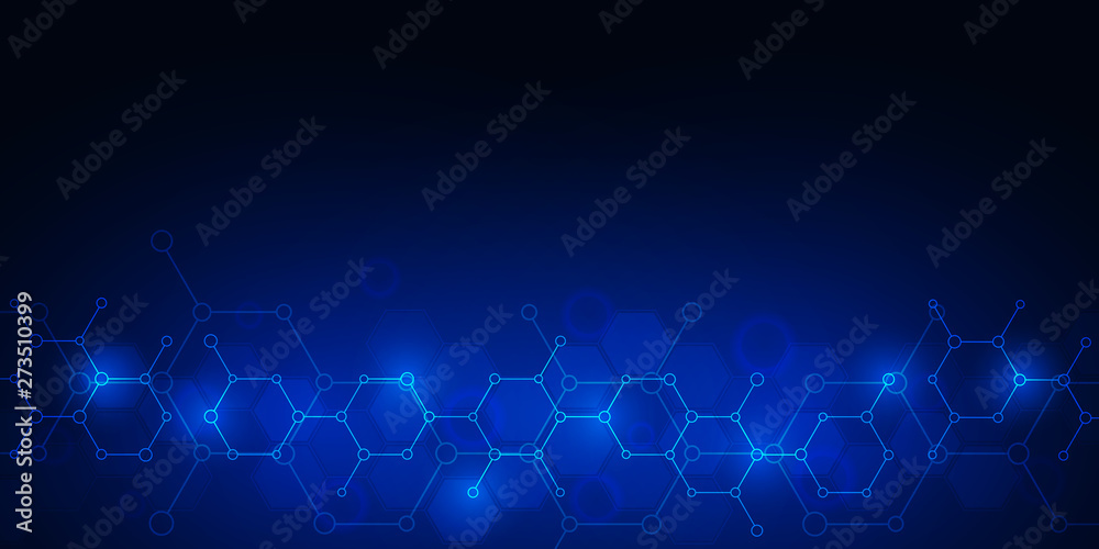 Abstract molecules on dark blue background. Molecular structures or ...