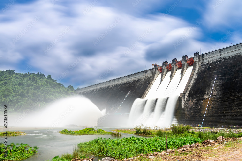 Long exposure photo of water release at spillway or overflows at big ...