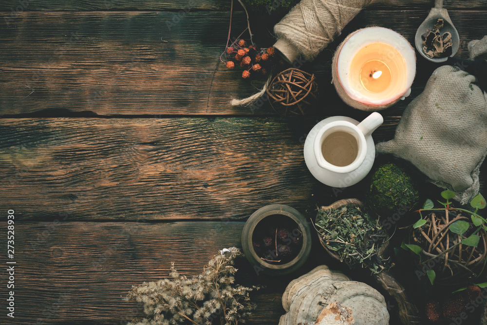 Witch doctor table with various dried ingridients above. Witchcraft ...