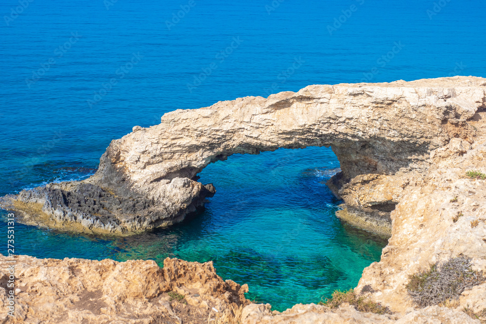 Cyprus. Love bridge top view. Natural stone arch in the sea. The cliffs ...