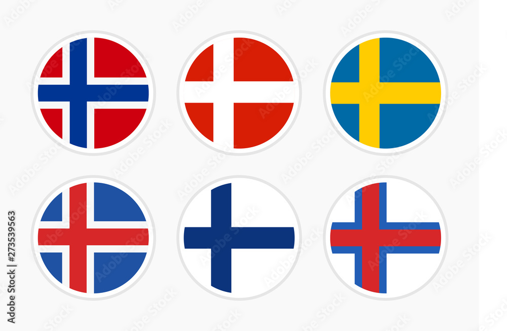 Flags of Northern Europe, Scandinavia, Set of vector round icon ...