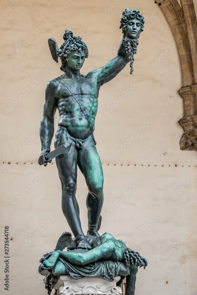 The bronze statue of Perseus holding the head of Medusa, in Florence ...