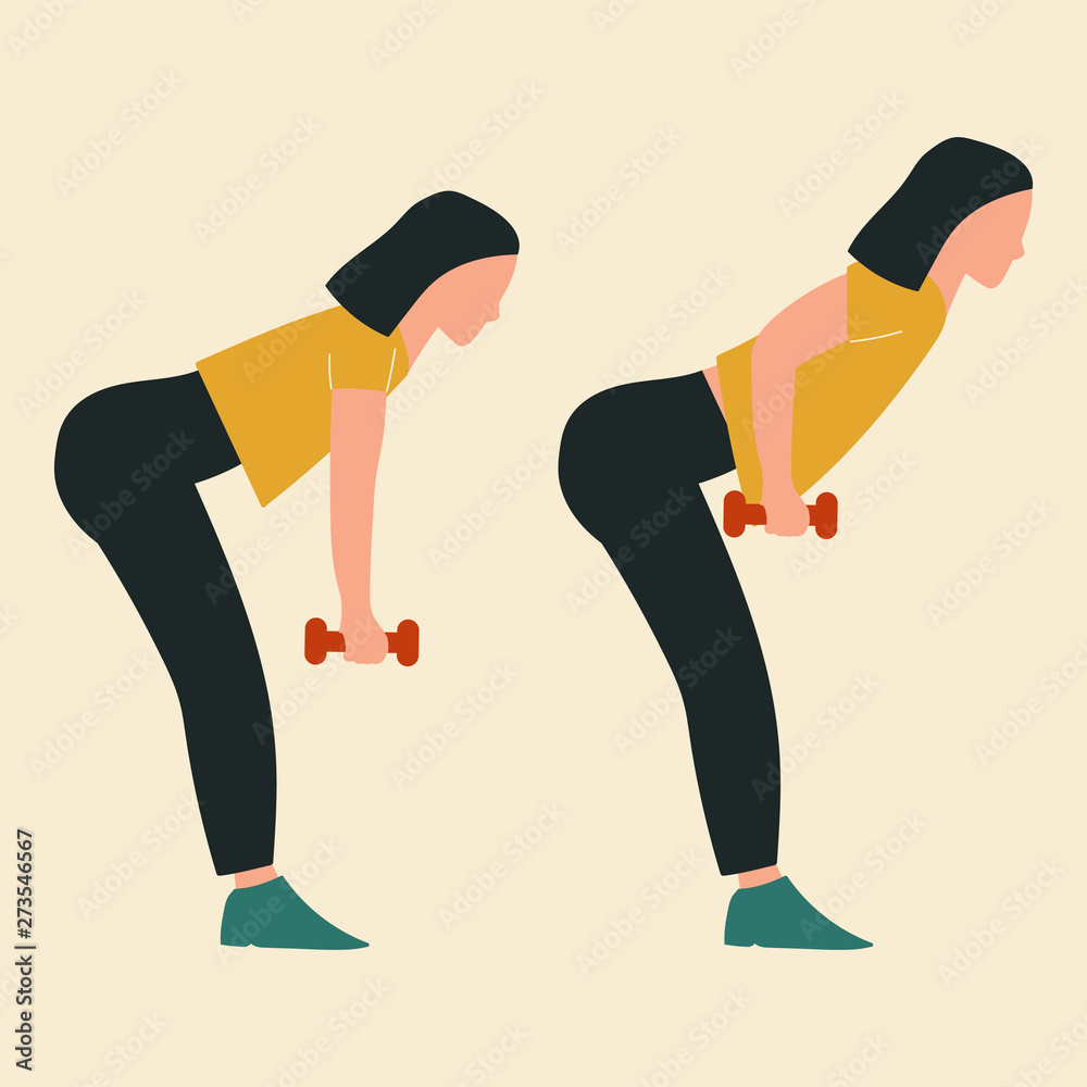 Bent-over row. Top body workout. Upper body exercises. Flat vector ...