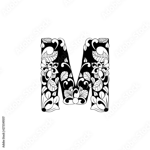 Floral letter outline illustration. Alphabet symbol for coloring book ...