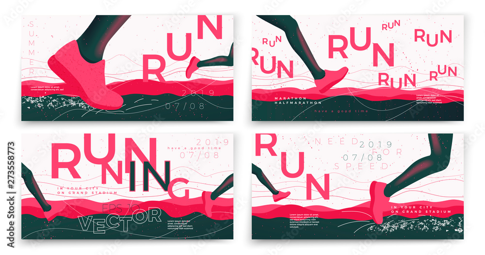 Vector typographic running banners template set, with legs, grunge ...