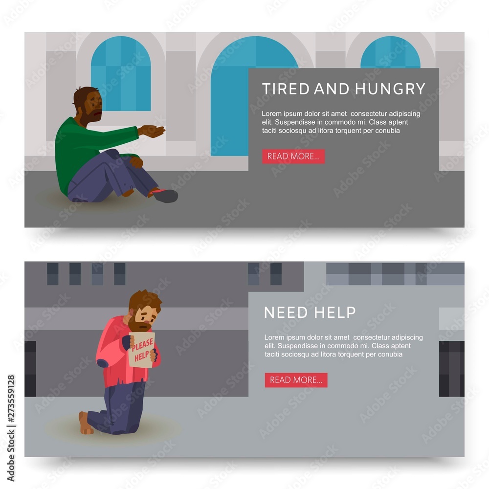 Vector horizontal banners with illustrations of poor and homeless ...