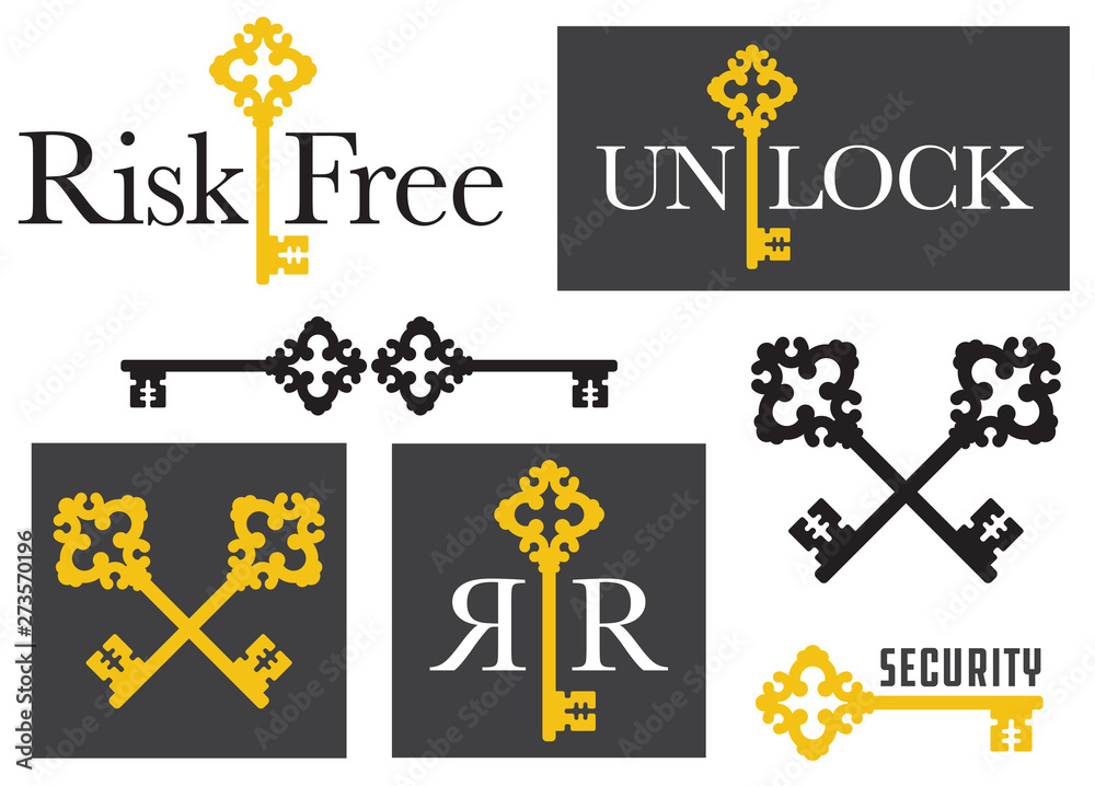 Set of Antique Key emblem graphics. Seven variations of logo or emblem ...