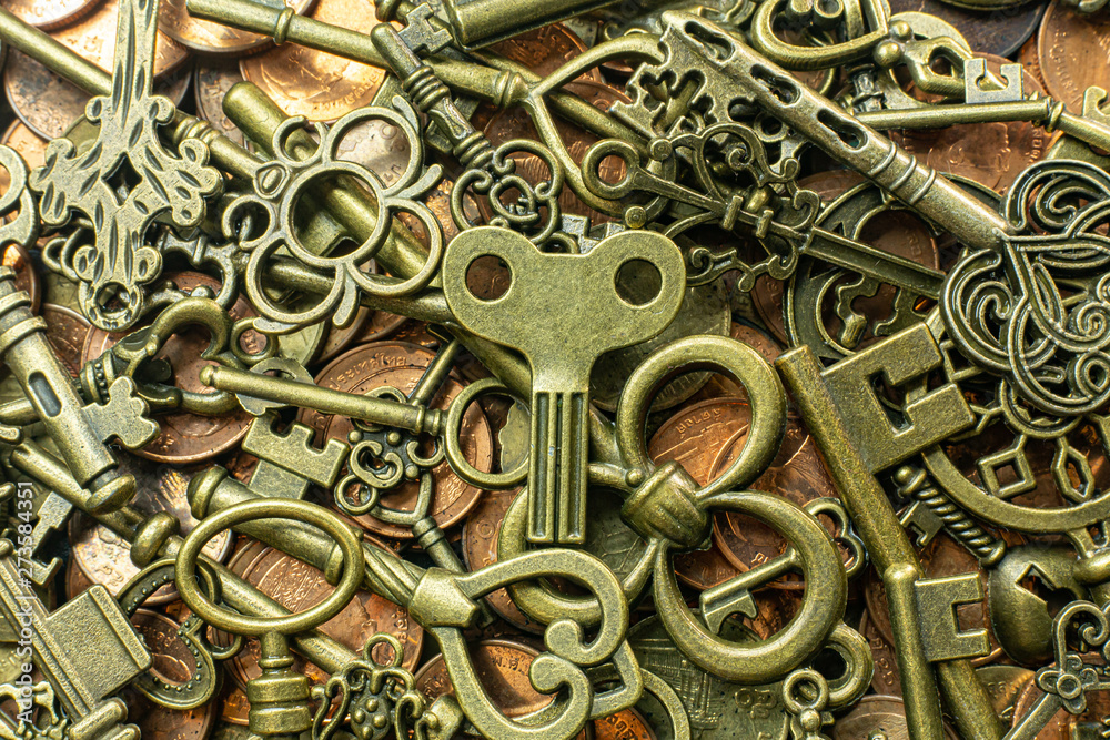 Old vintage keys gold texture on copper coin abstract background. Stock ...