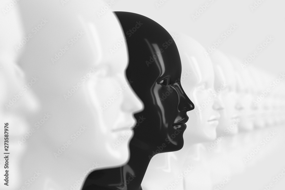 Abstract background with many identical white out of focus female doll ...