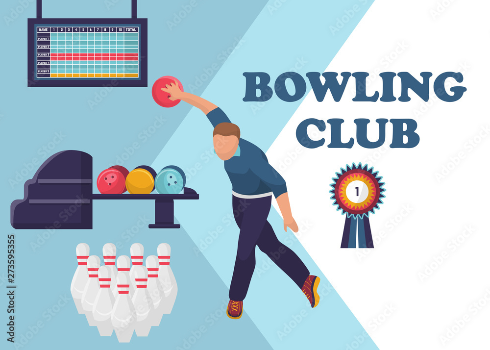 Vector bowling tournament banner, poster or flyer template. Flat layout ...