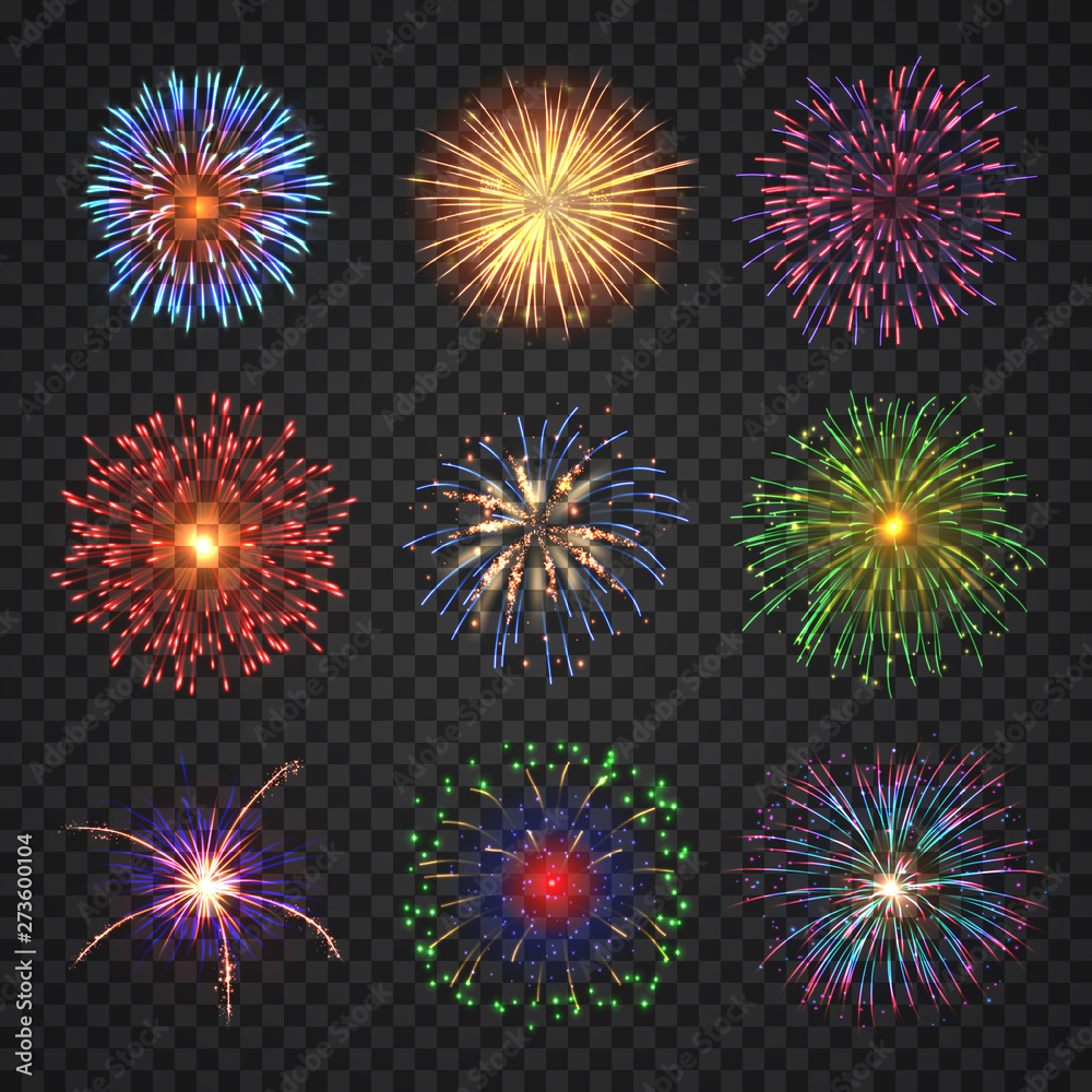 Big set of different fireworks with shining sparks. Colorful ...
