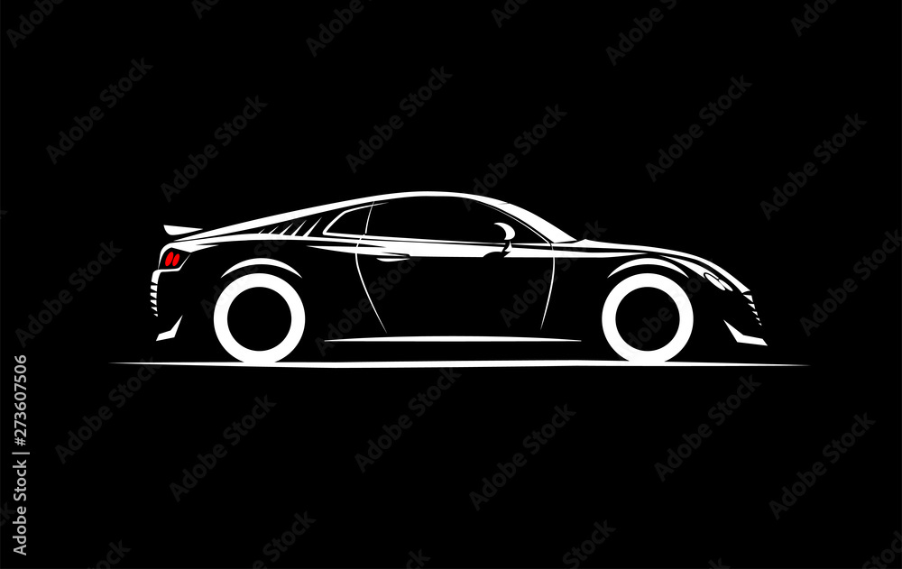 stylized simple drawing sport super car coupe side view on a dark ...