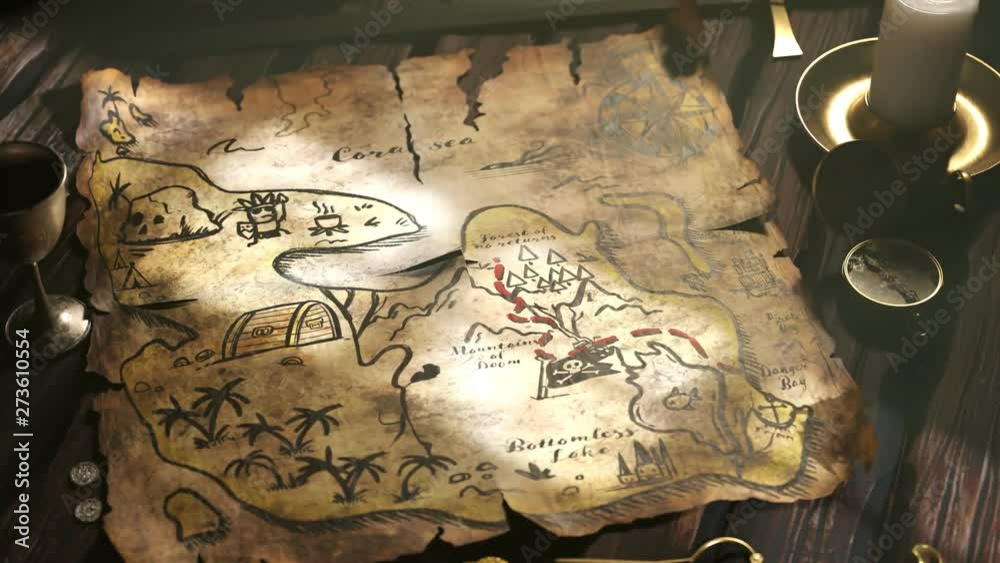 Funny hand-drawn ancient map with animated drawings. Treasure chest ...