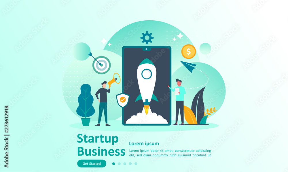 Business Startup launch concept with rocket icon on screen. People ...