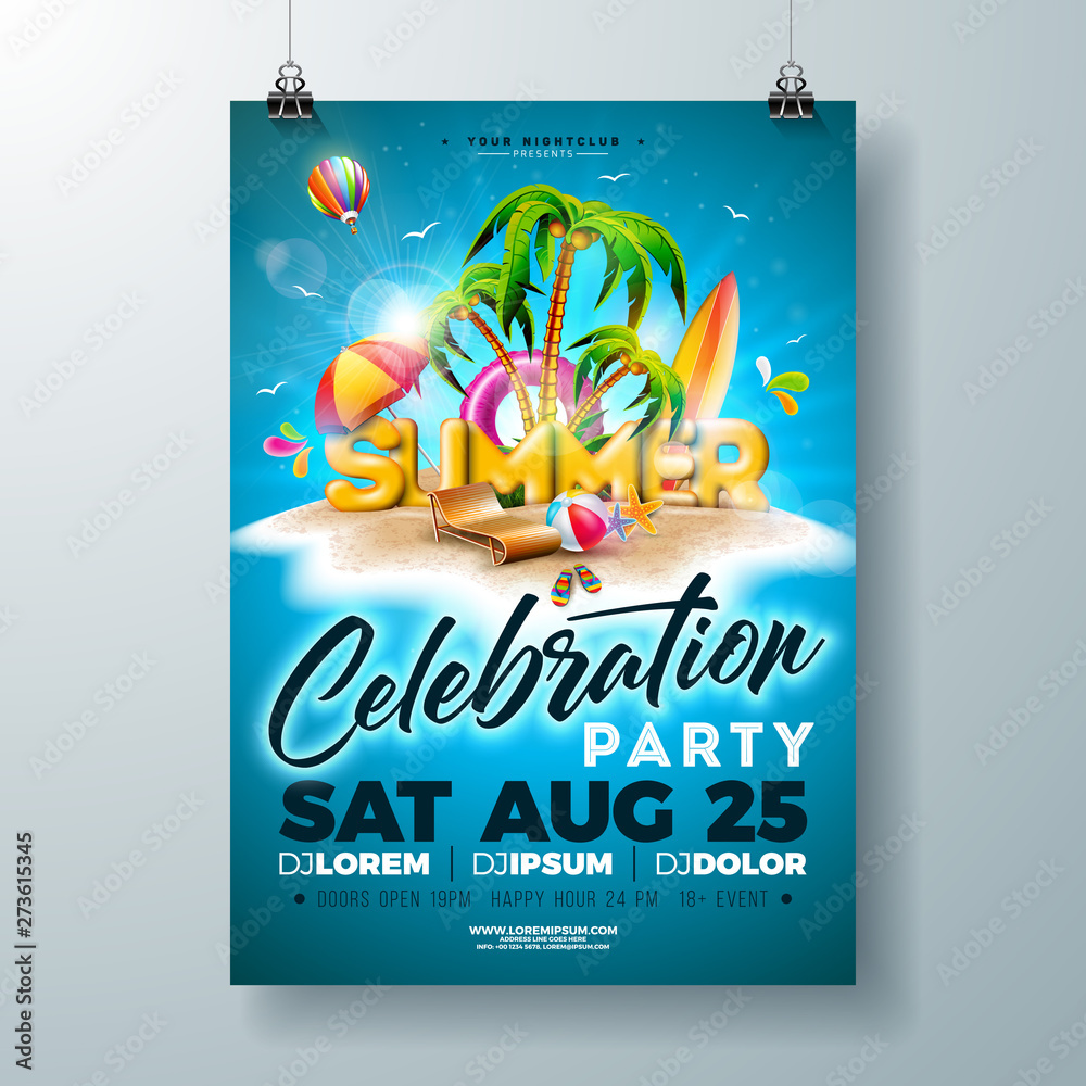 Vector Summer Party Flyer Design with 3d Typography Letter and Tropical ...