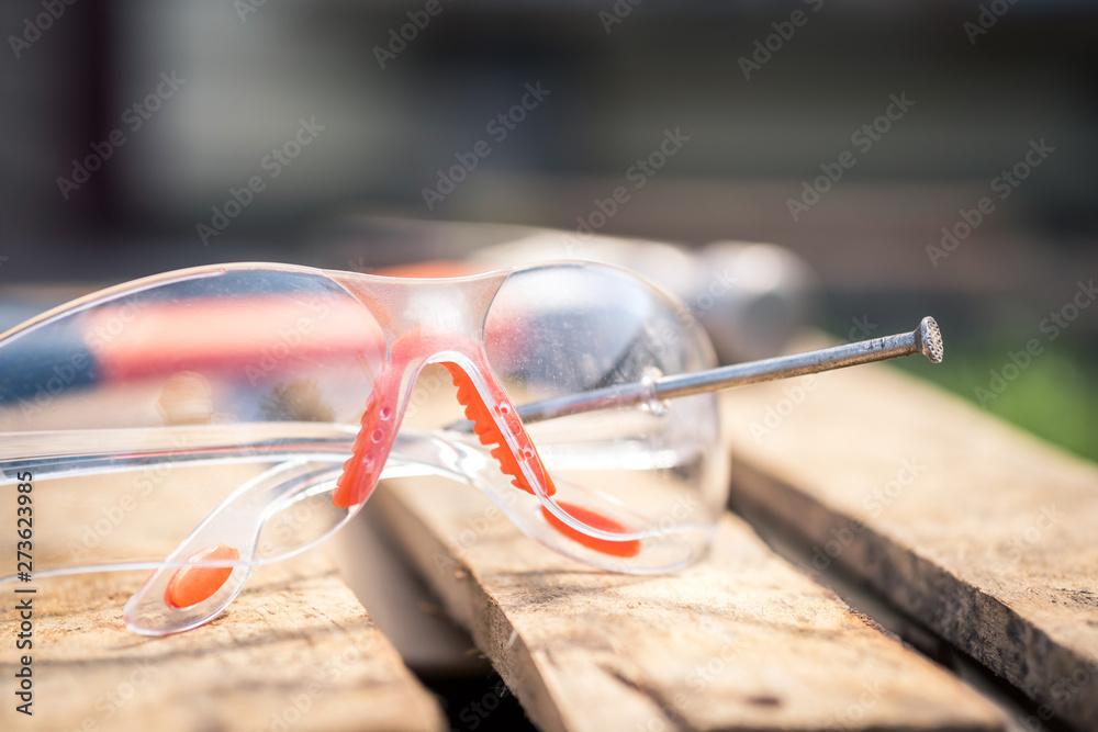 construction accident. broken safety glasses, damaged glasses. Stock ...