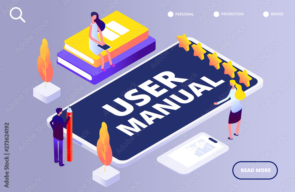 User manual concept. People with guide instruction on smartphone app ...