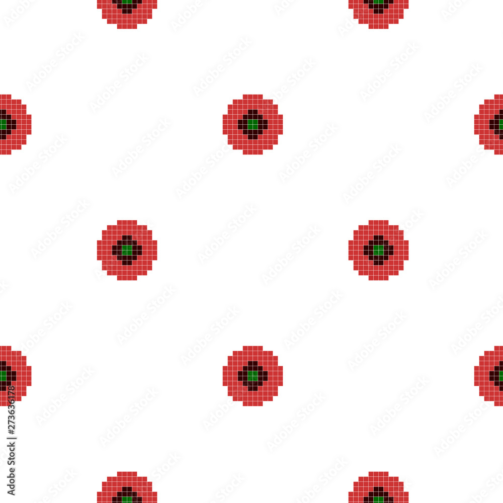 8 bit pixel floral background, seamless pattern with poppy. Template ...