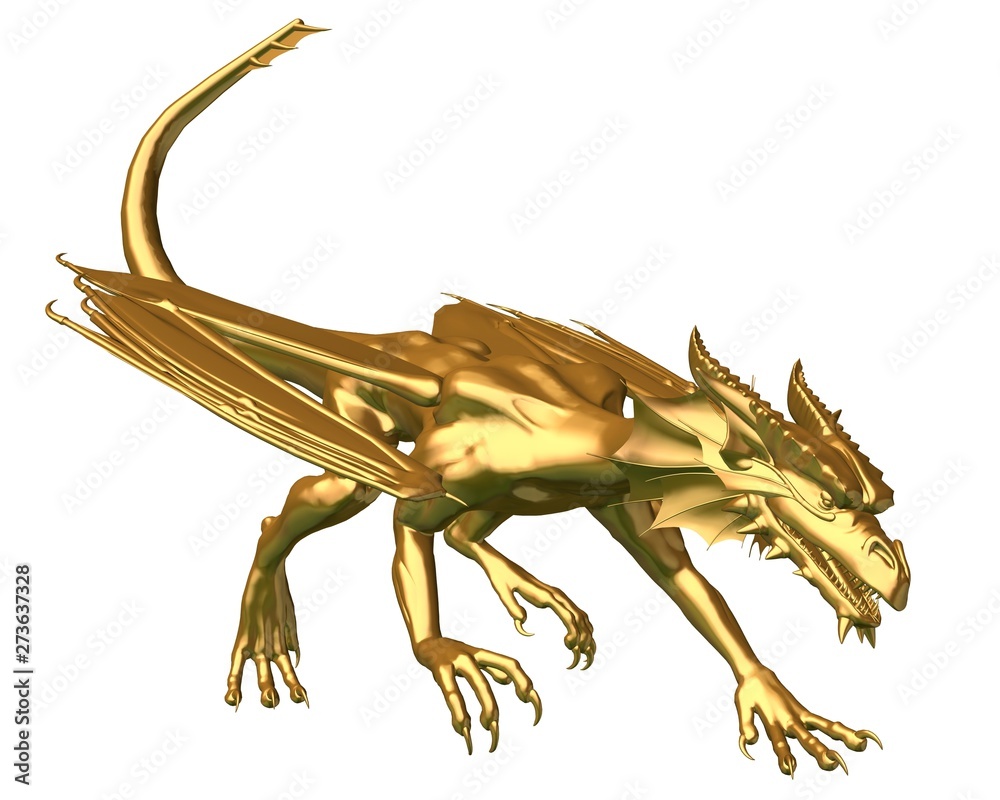 Fantasy illustration of a statue of a prowling gold dragon, 3d ...