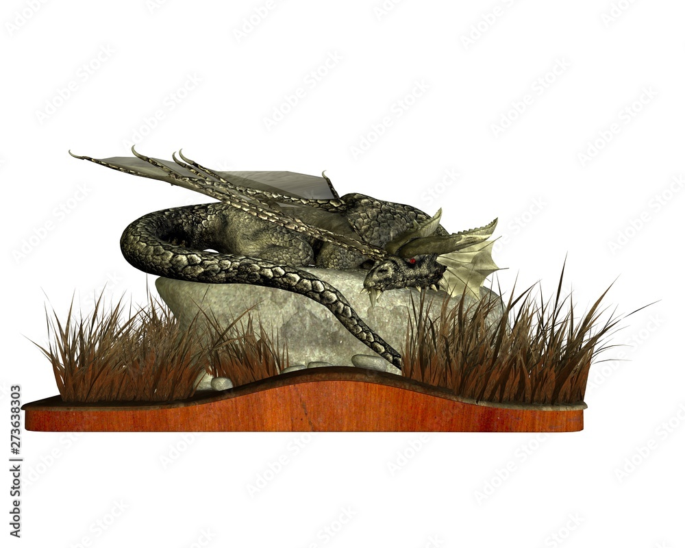 Sleeping dragon lying on a rock surrounded by long grass, 3d digitally ...