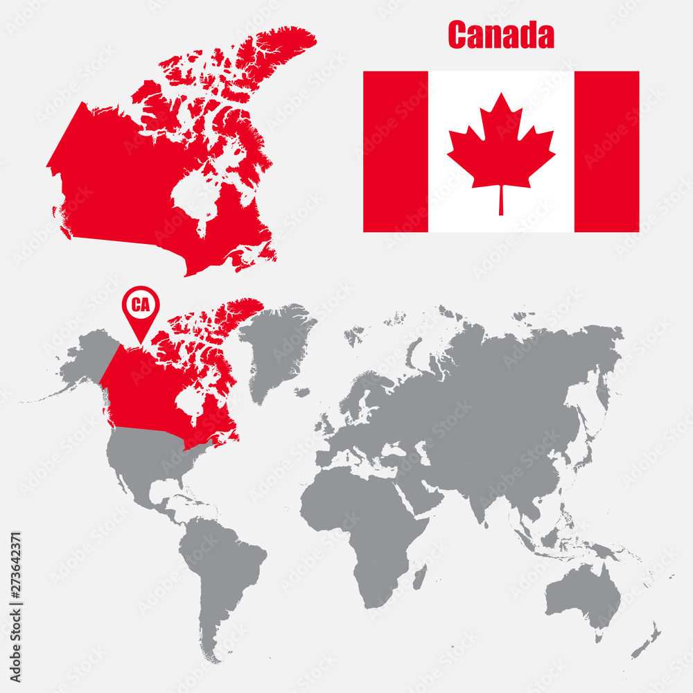 Canada map on a world map with flag and map pointer. Vector ...