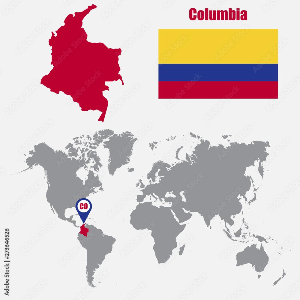 Columbia map on a world map with flag and map pointer. Vector ...
