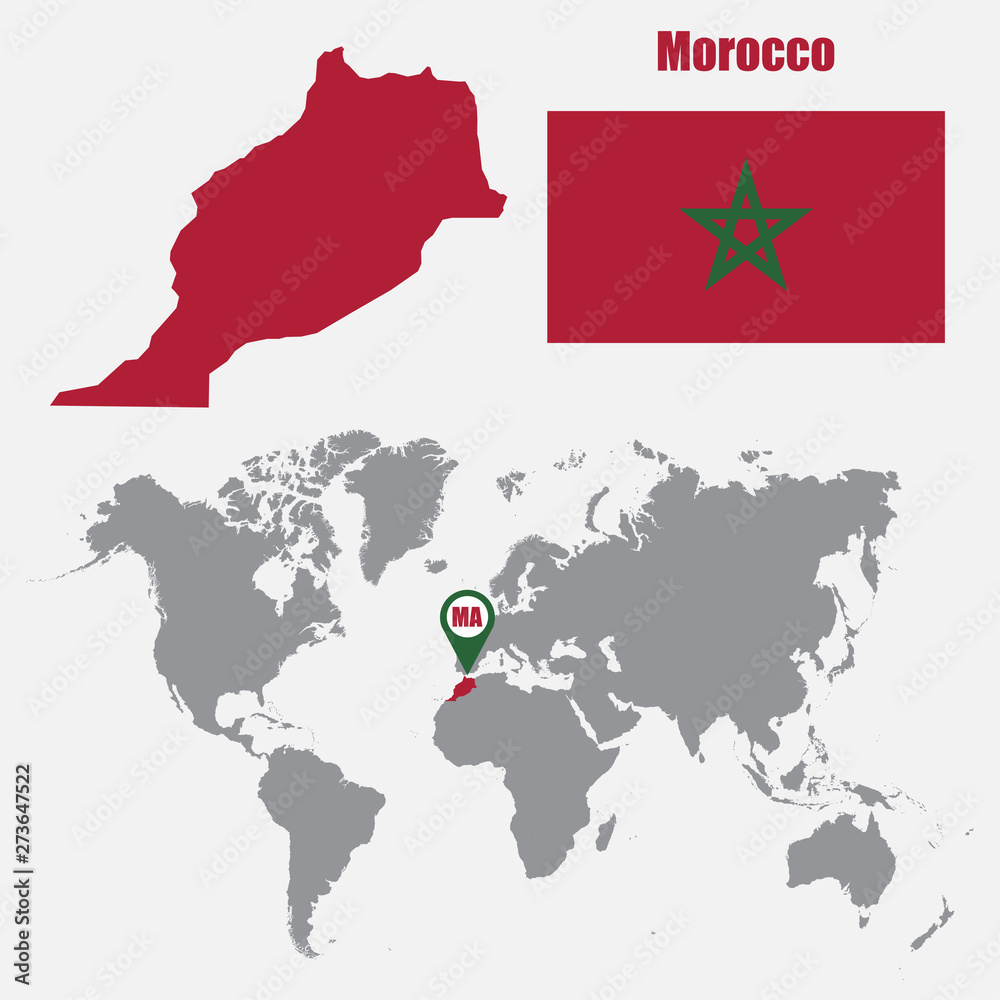 Morocco map on a world map with flag and map pointer. Vector ...