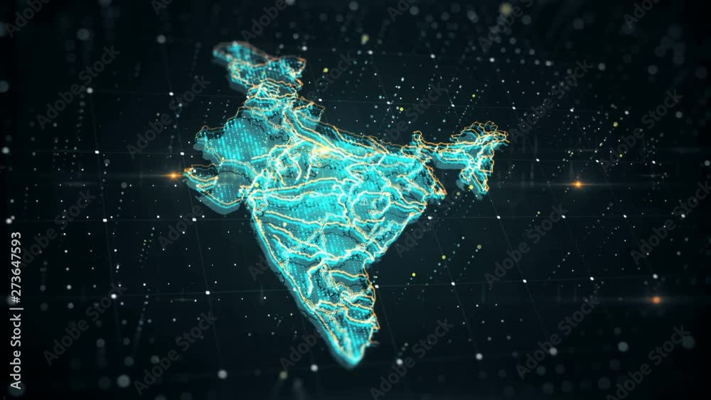 The futuristic high-tech video with a map of the India glowing in ...