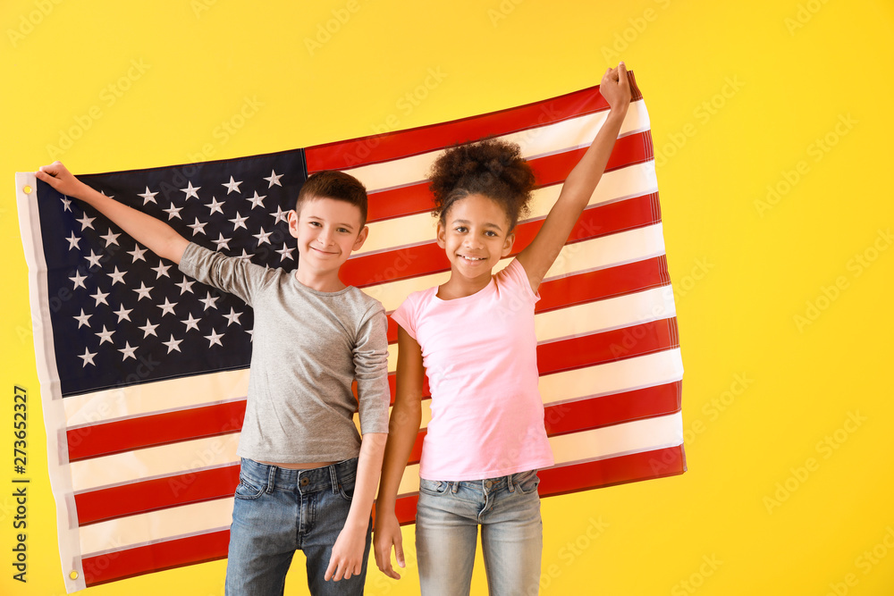 Cute children with national flag of USA on color background Stock Photo ...