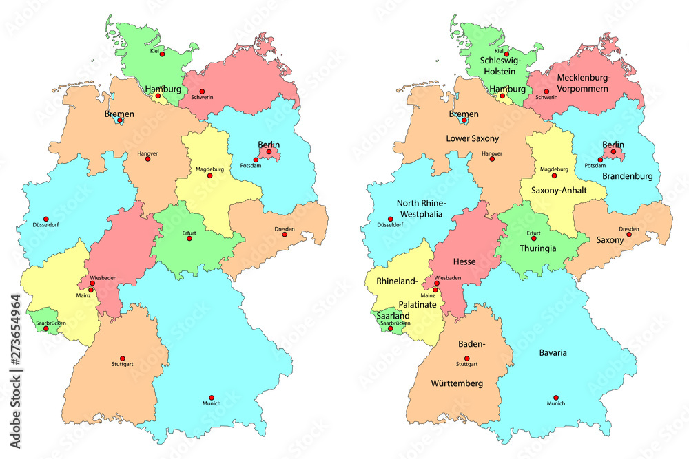 Set of colorful detailed maps of Germany with names of federal states ...